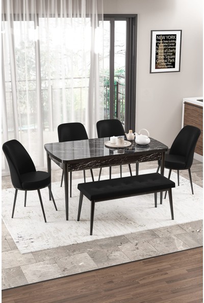 Canisa Concept Canisa Via Serisi Bench'li 80X132 Açılabilir 1.sınıf Siyah Mermer Desen Mutfak Masası Takımı Canisa Concept Canisa Via Serisi Bench'li 80X132 Açılabilir 1.sınıf Siyah Mermer Desen Mutfak Masası Takımı