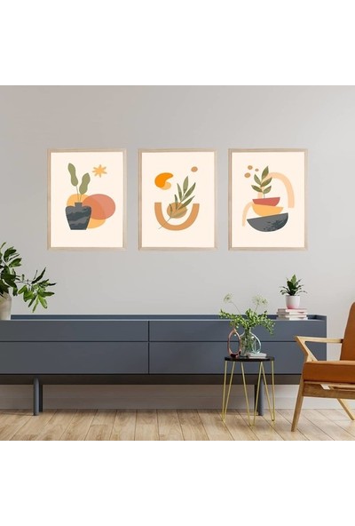 Munika Ahşap Çerçeveli Boho Bitkiler 3'lü Tablo Seti