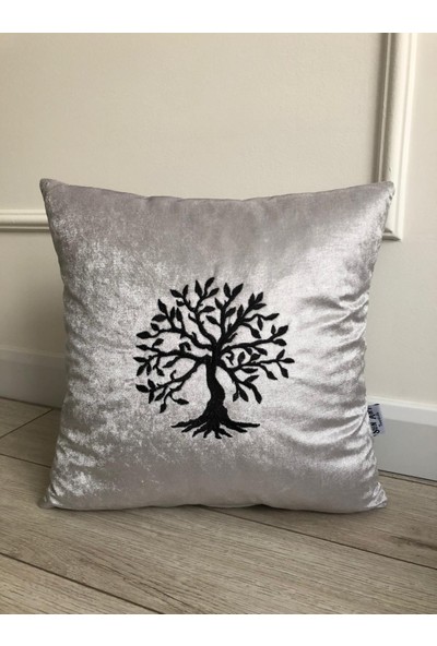 Sun Art Textile Gümüş/gri Hayat Ağacı Nakışlı Kırlent Kılıfı
