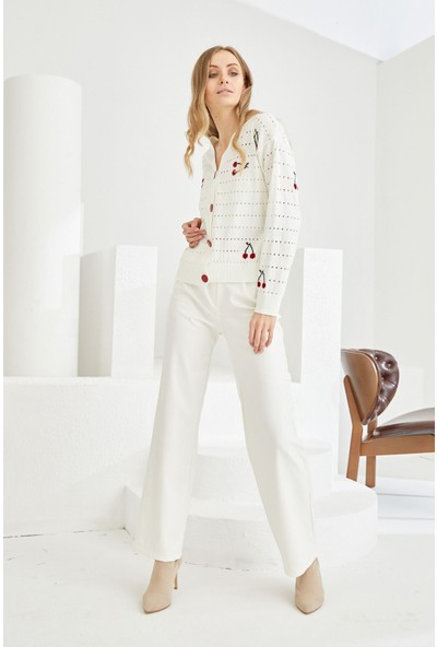 Lime Moda Kiraz Desen Hırka-Ekru