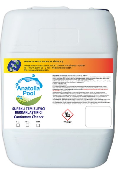 Anatolia Pool Havuz Suyu Sürekli Temizleyici Parlatıcı Berraklaştırıcı 20 Lt (Continuous Cleaner) Anatolia Pool Havuz Suyu Sürekli Temizleyici Parlatıcı Berraklaştırıcı 20 Lt (Continuous Cleaner)