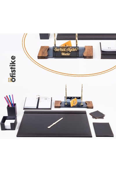Ofistike Kişiye Özel Tenedos Deri Sümen Takımı - Çift Kalemli Kristal Kabartma Yazılı Isimlik