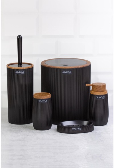 Okyanus Home Ahşap Çizgili Yuvarlak 5'li Banyo Seti