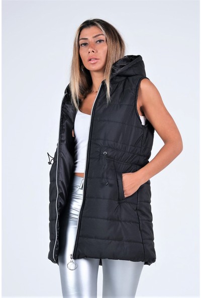 Keyifli Moda Kadın Siyah Kapüşonlu Cepli Belden Büzülebilir Şişme Yelek Keyifli Moda Kadın Siyah Kapüşonlu Cepli Belden Büzülebilir Şişme Yelek