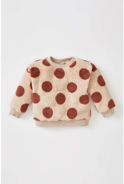 DeFacto Kız Bebek Bisiklet Yaka Desenli Peluş Sweatshirt W4068A221WN