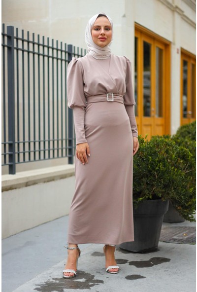 Meqlife Toka Kuşaklı Abiye - Vizon