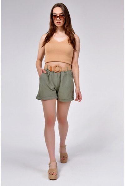 Pua Fashion Haki Kemerli Keten Şort