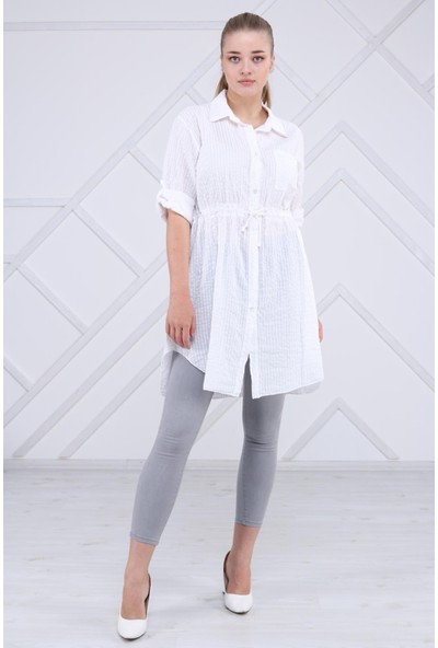 Pua Fashion Beyaz Çizgili Bel Büzgülü Gömlek Tunik