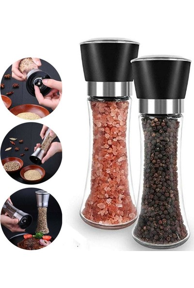 Aktarloji 2 Adet Kalınlığı Inceliği Ayarlanabilir Karabiber Tuz Öğütücü Değirmeni Tuzluk