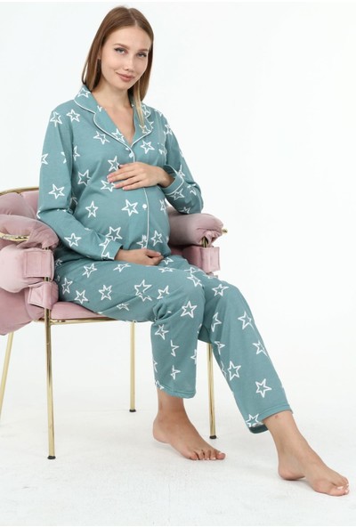 Likapa Penye Önden Düğmeli Hamile Lohusa Uzun Kol Pijama Takımı