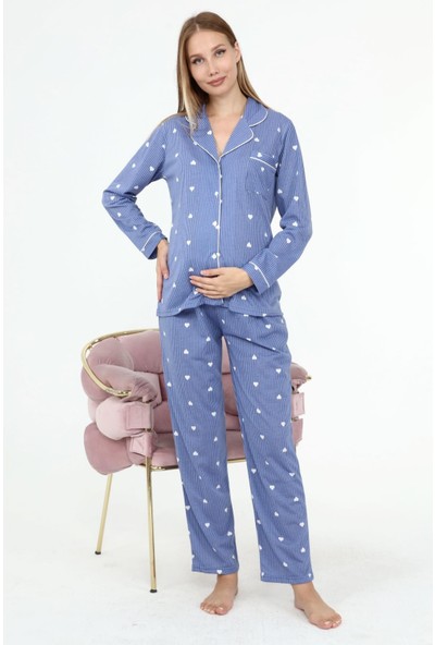 Likapa Penye Önden Düğmeli Hamile Lohusa Uzun Kol Pijama Takımı