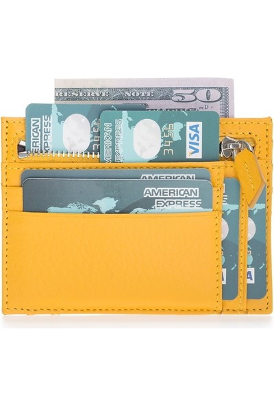 Bouletta Zip Deri Kadın Fermuarlı Kartlık FL12 Sarı