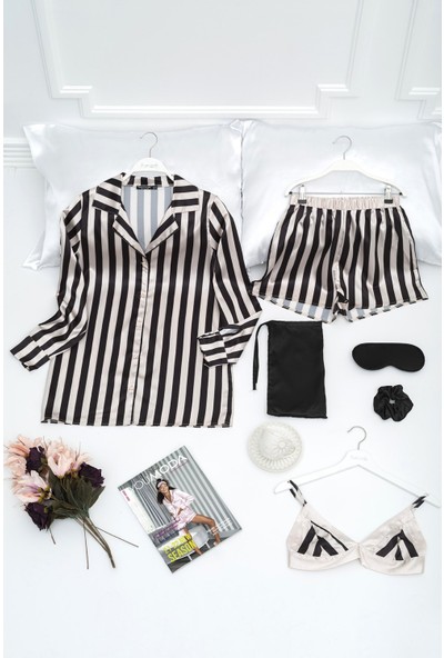 For You Moda Kadın Saten Çizgili Büstiyerli Pijama Şort Set For You Moda Kadın Saten Çizgili Büstiyerli Pijama Şort Set