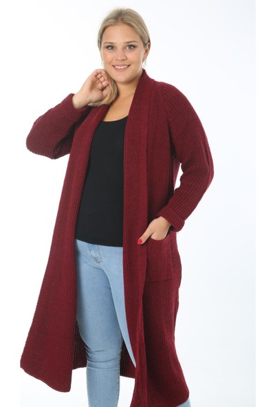 Ladies First Beden 7088 Bordo Triko Hırka Selanik Örgü Cepli