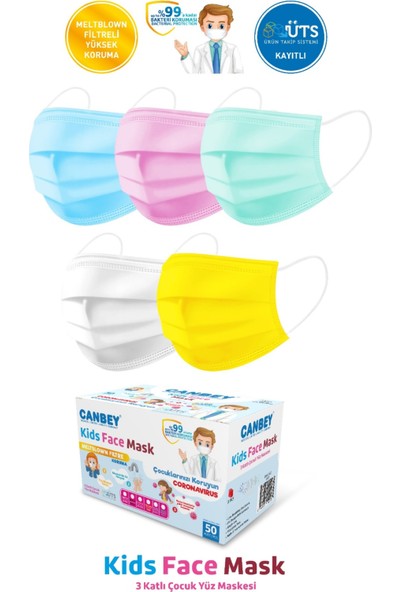 Canbey Cerrahi Maske Meltblownlu 5 Farklı Renk Kız Çocuk 50 Adet Canbey Cerrahi Maske Meltblownlu 5 Farklı Renk Kız Çocuk 50 Adet