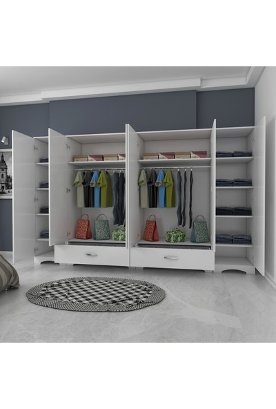 Rani F4 Geniş Gardırop Elbise Dolabı 6 Kapılı 2 Çekmeceli 2 Askılı 12 Raflı Beyaz Rani F4 Geniş Gardırop Elbise Dolabı 6 Kapılı 2 Çekmeceli 2 Askılı 12 Raflı Beyaz