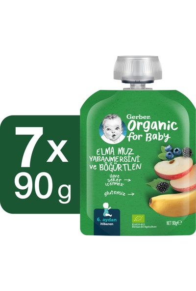 Gerber Organik Elma Muz Yabanmersini ve Böğürtlen Püresi 90G 7'li Gerber Organik Elma Muz Yabanmersini ve Böğürtlen Püresi 90G 7'li
