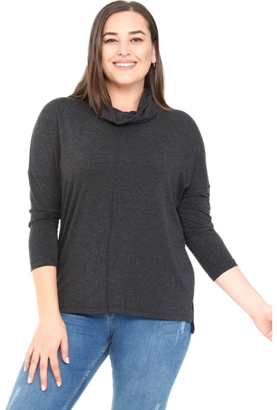Disentis Modest Büyük Beden Degaje Yaka Yırtmaç Detaylı Yün Viskon Siyah Bluz