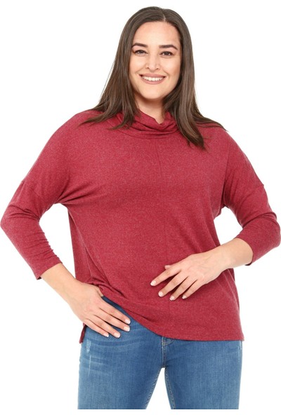 Disentis Modest Büyük Beden Degaje Yaka Yırtmaç Detaylı Yün Viskon Bordo Bluz