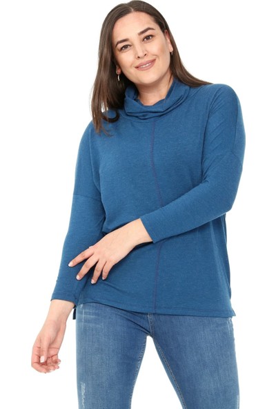 Disentis Modest Büyük Beden Degaje Yaka Yırtmaç Detaylı Yün Viskon Indigo Bluz