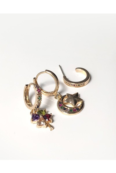 Teen Jewellry Renkli Zirkon Taşlı Yonca Ayyıldız Gold Küpe Teen Jewellry Renkli Zirkon Taşlı Yonca Ayyıldız Gold Küpe