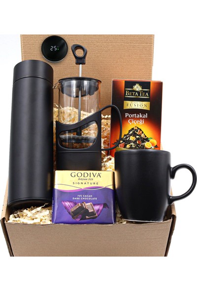 VegaGiftShop Siyah Dereceli Termos & Siyah French Press & Portakal Çiçeği Bitki Çayı & Siyah Mat Kupa & Godiva Çikolata Seti VegaGiftShop Siyah Dereceli Termos & Siyah French Press & Portakal Çiçeği Bitki Çayı & Siyah Mat Kupa & Godiva Çikolata Seti