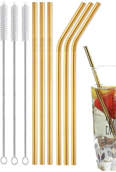 Kitchen Beauty 6'lı Paslanmaz Çelik Pipet + 3 Adet Temizleme Fırçası Gold