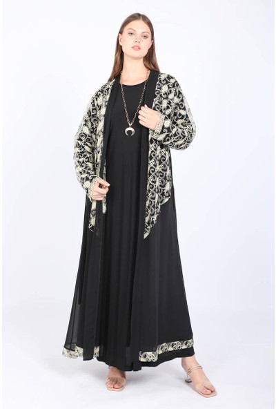 Blue White Kadın Büyük Beden Işlemeli Uzun Ikili Takım Siyah