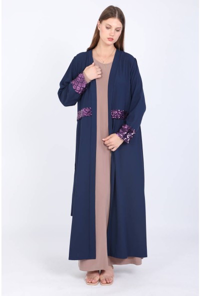 Blue White Kadın Büyük Beden Payetli Uzun Abaya Lacivert