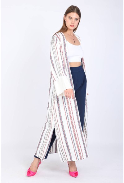 Blue White Kadın Büyük Beden Desenli Kimono Ekru
