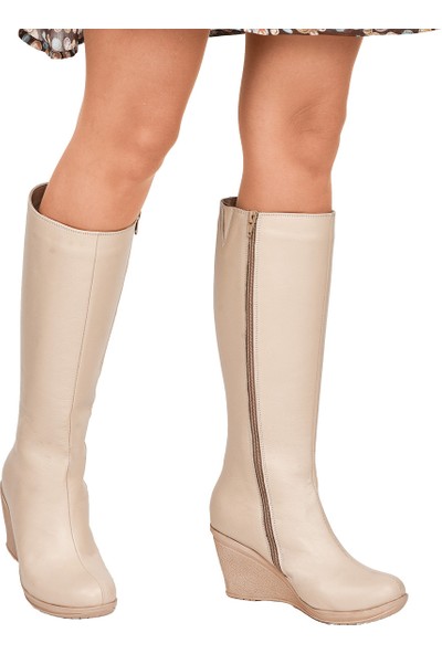 Moosefield Deri Dolgu Topuk Bej Kadın Çizme
