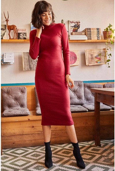 Kasheha Kadın Bordo Şardonlu Dik Yaka Kaşkorse Uzun Kollu Likralı Uzun Elbise - KAD3325522