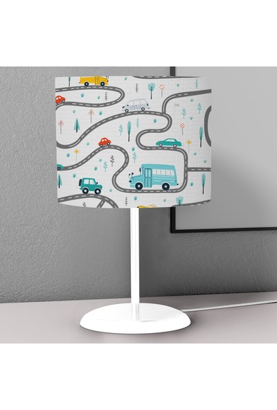Tiny Baby Concept Gri Yol ve Arabalar Desenli Çocuk Odası Dijital Baskılı Çocuk Odası Masaüstü Abajur Avize