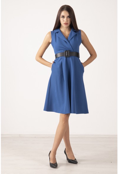 Belamore Indigo Sıfır Kol Ceket Yaka Cepli Astarsız Abiye Elbise 0104007.98
