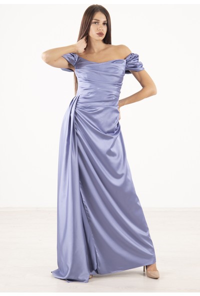 Belamore Gri-Mavi Büyük Beden Saten Abiye&mezuniyet Elbisesi 9704876.447