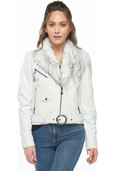 Deriza Anita Spor Kadın Deri Ceket Beyaz