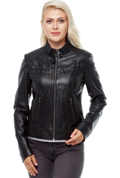 Deriza Klasik Siyah Kadın Deri Mont