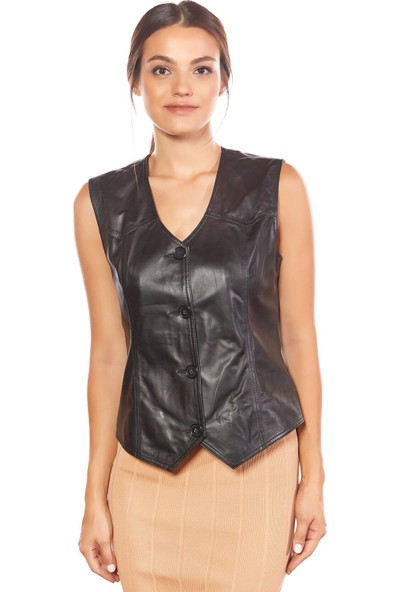 Deriza Deri Kadın Deri Yelek Siyah