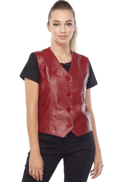 Deriza Deri Kadın Deri Yelek Kırmızı