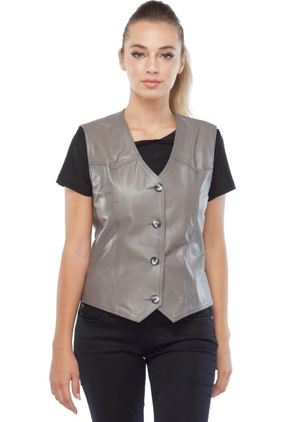 Deriza Deri Kadın Deri Yelek Taupe