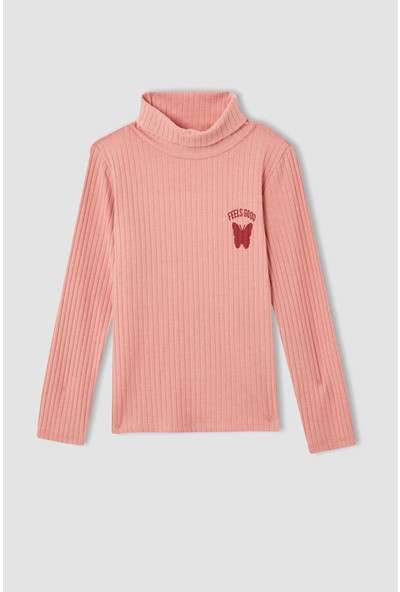 DeFacto Kız Çocuk Balıkçı Yaka Fitilli Yumuşak Tüylü Isı Yalıtımlı Warmtech Uzun Kollu Tişört V8867A621WN