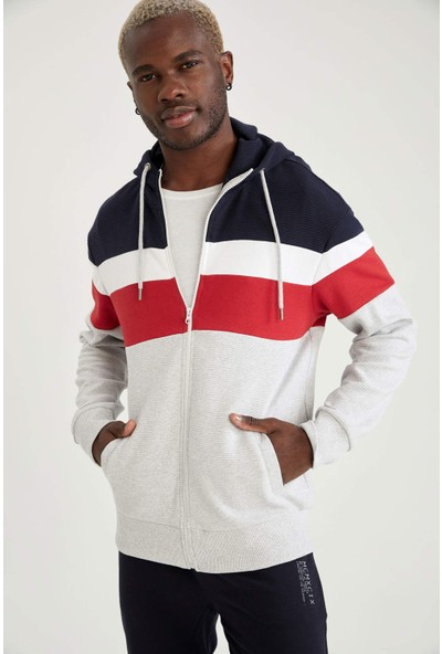 DeFacto Comfort Fit Kapüşonlu Renk Bloklu Fermuarlı Hırka V3853AZ21AU