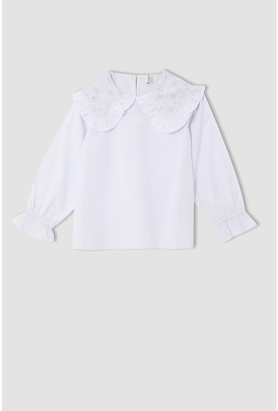 DeFacto Kız Çocuk Regular Fit Geniş Yakalı Uzun Kollu Poplin Bluz V9922A621WN