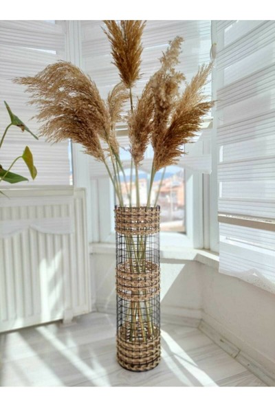 Egindra Metal Tel Hasır Örgülü Özel Tasarım Pampas Vazosu Üç Örgü 60 cm