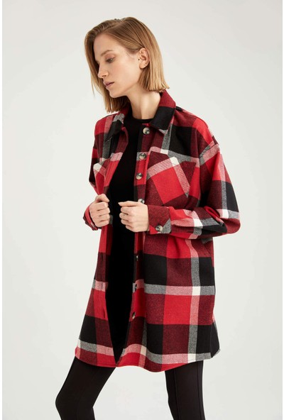 DeFacto Oversize Fit Kareli Flanel Oduncu Gömlek Tunik V6821AZ21WN