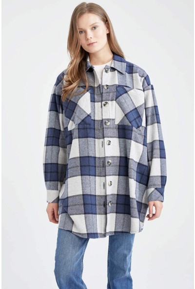 DeFacto Oversize Fit Kareli Flanel Oduncu Gömlek Tunik V6821AZ21WN