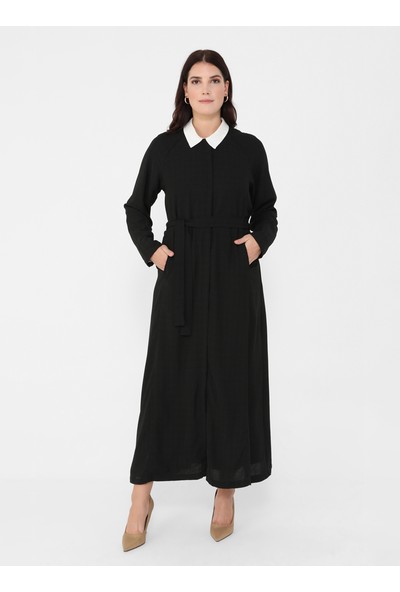 Alia Büyük Beden Kuşaklı Boydan Fermuarlı Ferace - Siyah - Alia