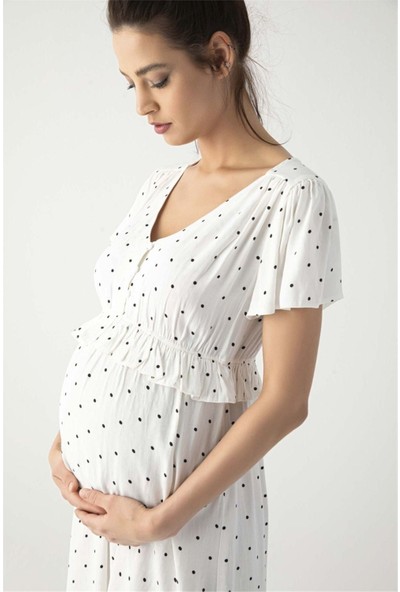 Monamise 19129 Kadın Beyaz Kısa Kollu Hamile Lohusa Elbise