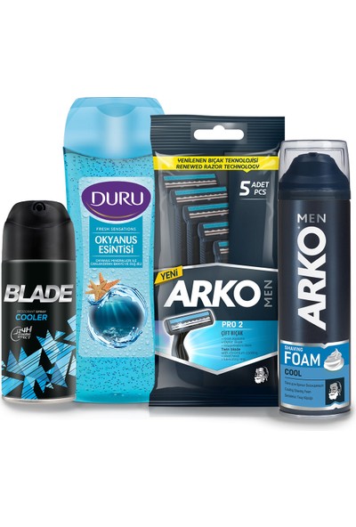 Arko Men Cool Tıraş Köpüğü 200 ml & Blade Cooler Deodorant 150 ml & Tıraş Bıçağı & Duru Duş Jeli 450 ml Arko Men Cool Tıraş Köpüğü 200 ml & Blade Cooler Deodorant 150 ml & Tıraş Bıçağı & Duru Duş Jeli 450 ml