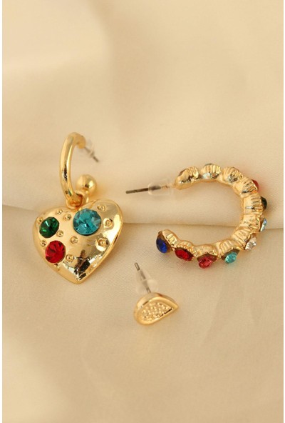 Clariss Gold Renk Metal Renkli Zirkon Taşlı Kalp Küpe Seti
